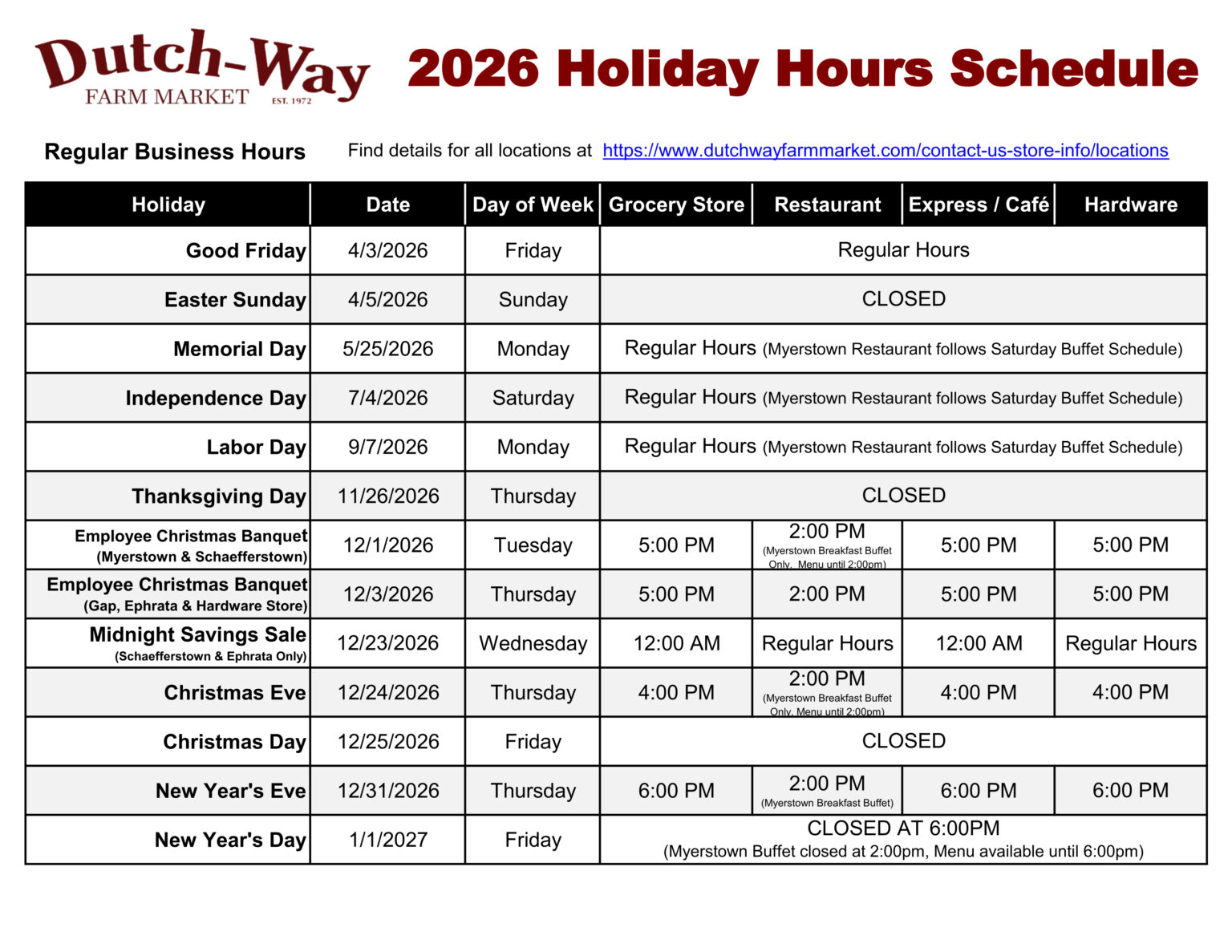 Holiday Hours | Dutch-Way Farm Market